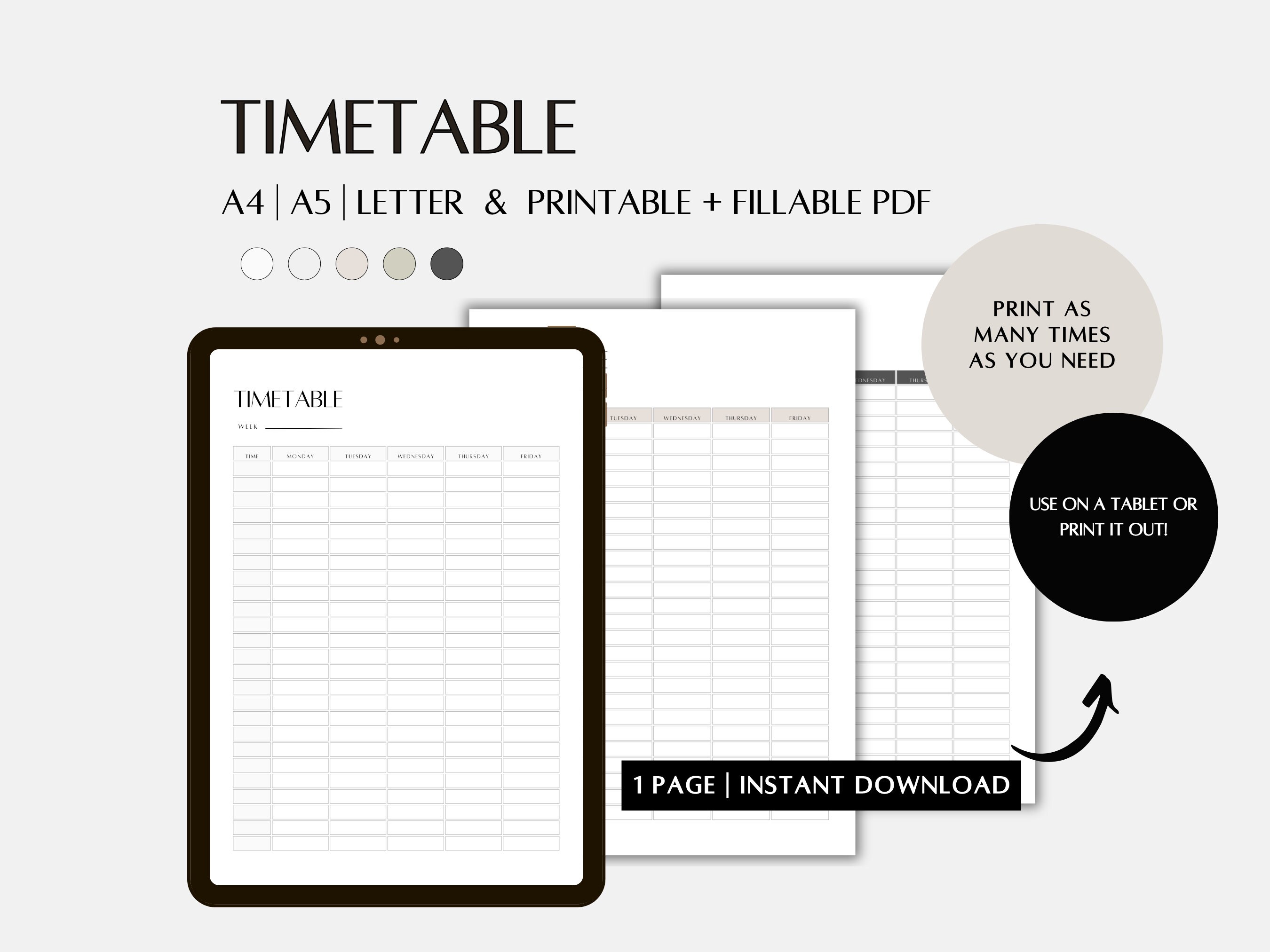 Timetable Planner Template Instant Download, Printable and Fillable ...