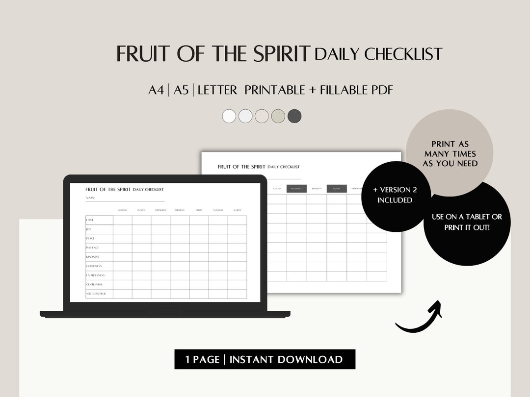 Fruit of the Spirit Daily Checklist Printable and Fillable PDF, Instant ...