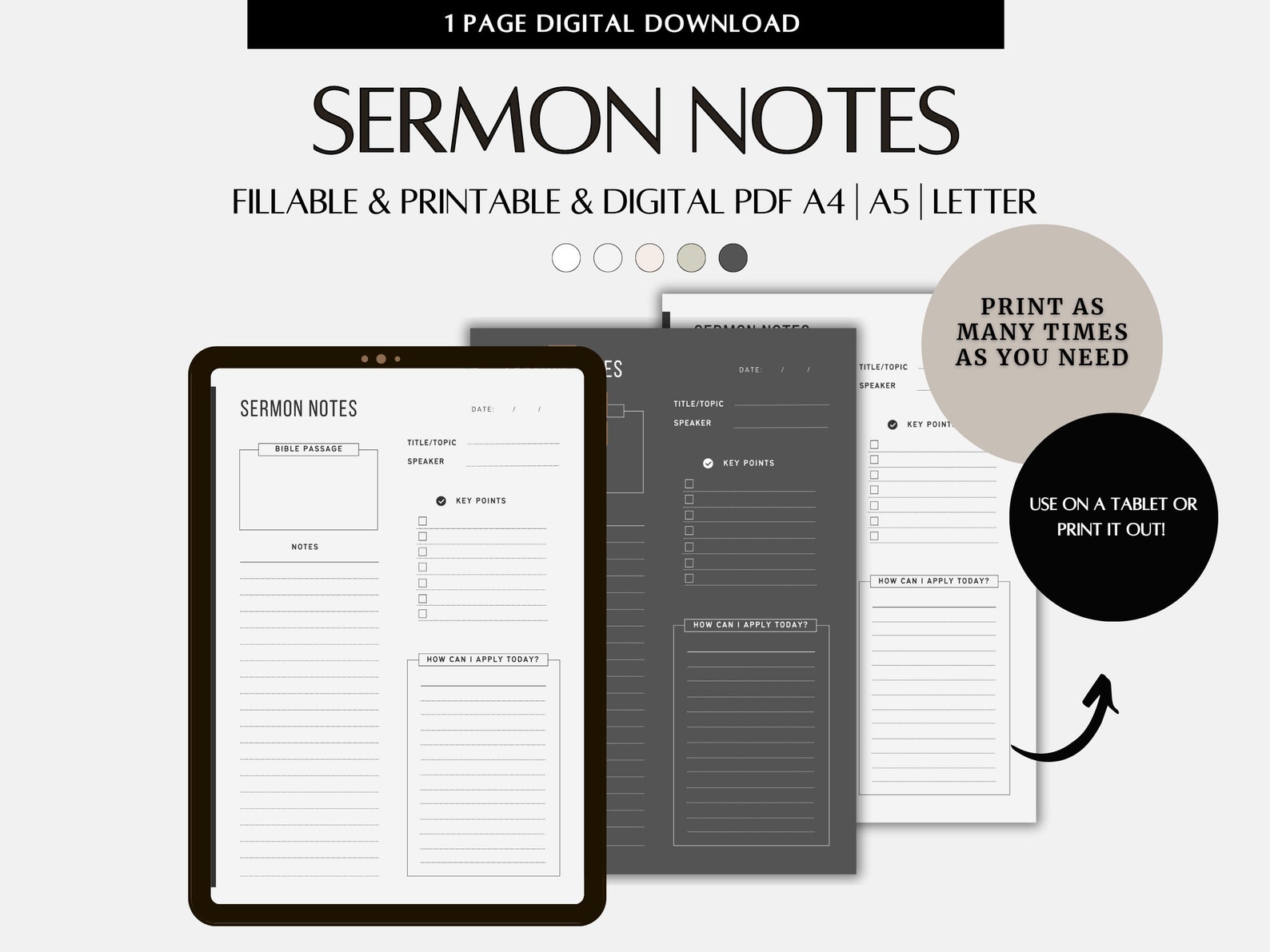 Sermon Notes - Fillable - Printable Bible Study Notes, 1 Page Digital ...