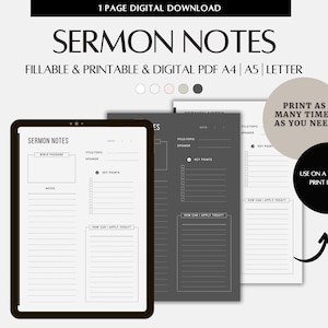 Sermon Notes - Fillable - Printable Bible Study Notes, 1 Page Digital ...