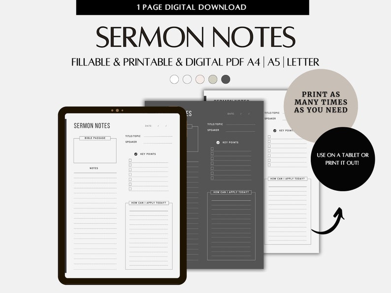Sermon Notes - Fillable - Printable Bible Study Notes, 1 Page Digital ...