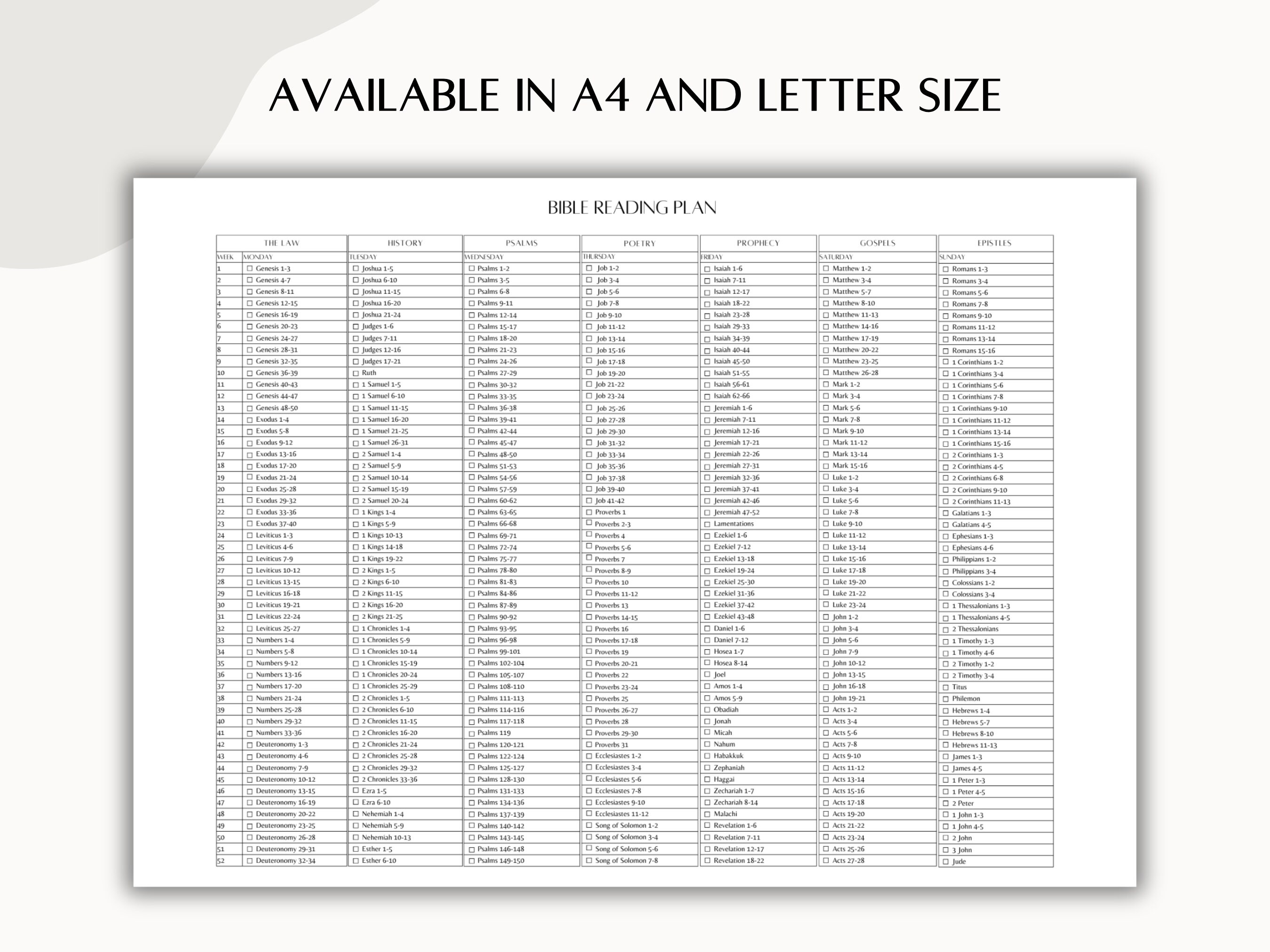 Bible Reading Plan, 1 Page Bible Reading Plan, Printable 52 Week Readin ...