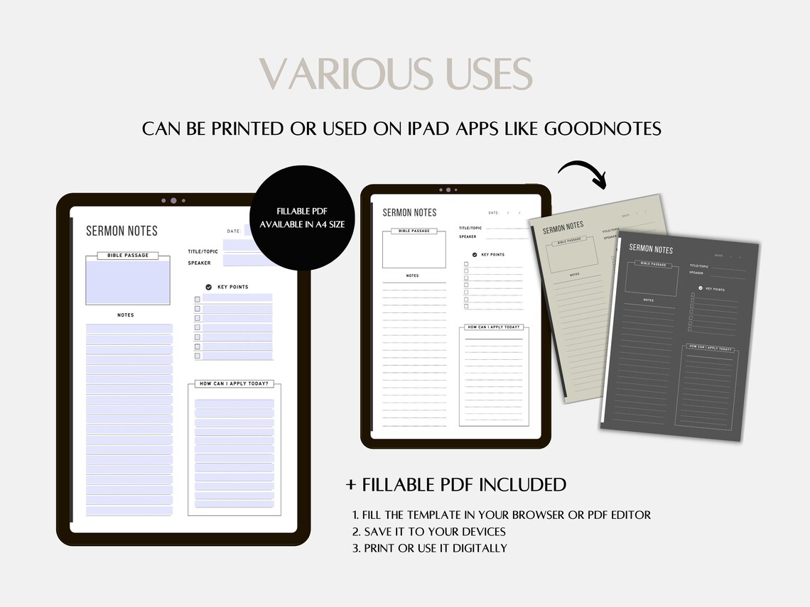 Sermon Notes - Fillable - Printable Bible Study Notes, 1 Page Digital ...