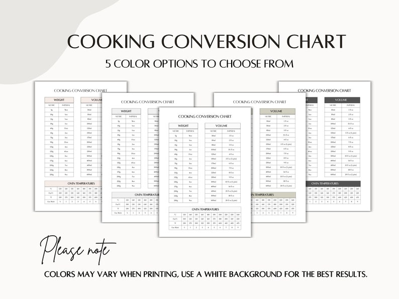 Cooking Conversion Chart Printable Pdfs A3, A4, A5, Letter 1 Page ...