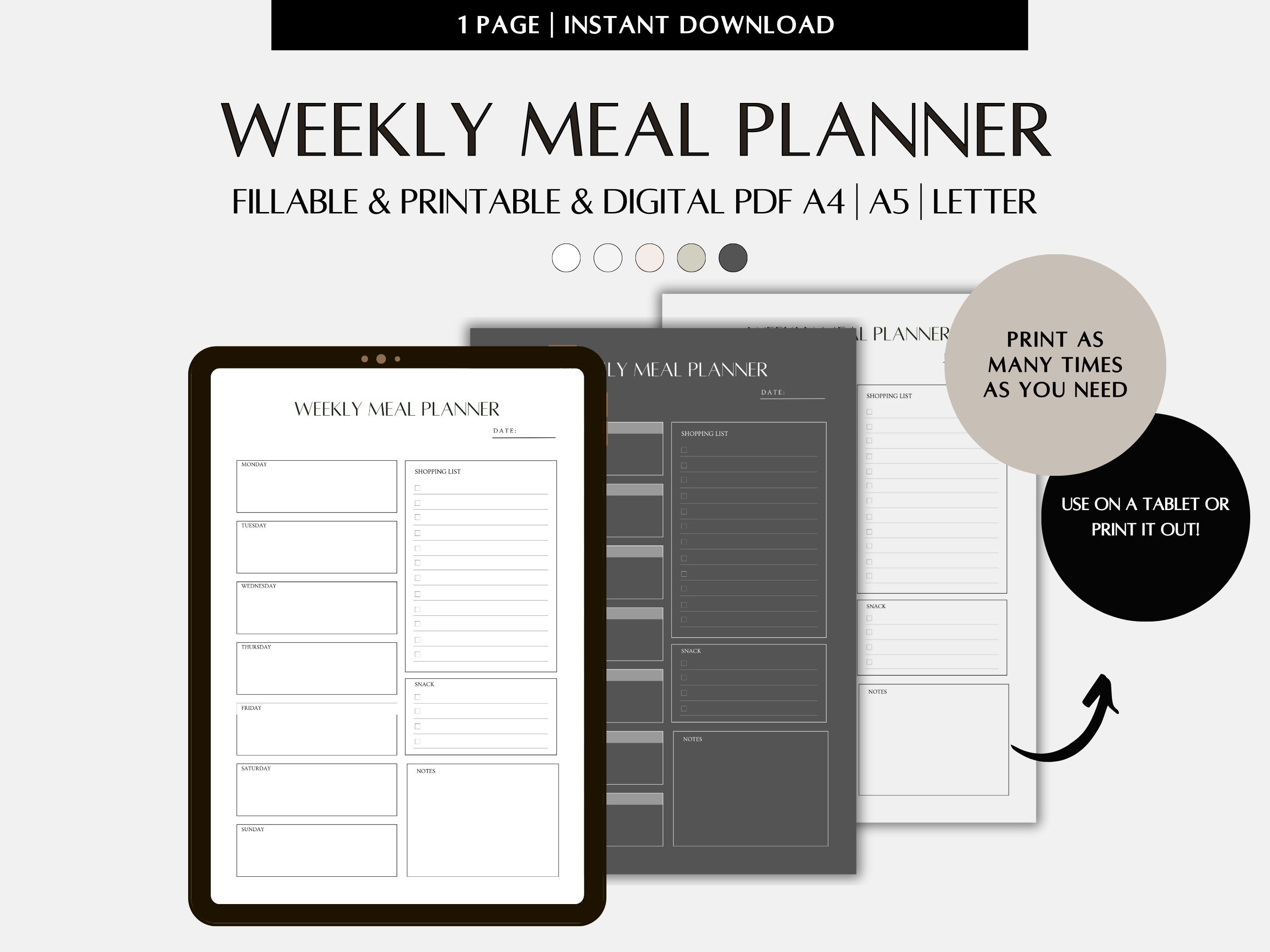 Weekly Meal Planner, Fillable and Printable PDF - Etsy
