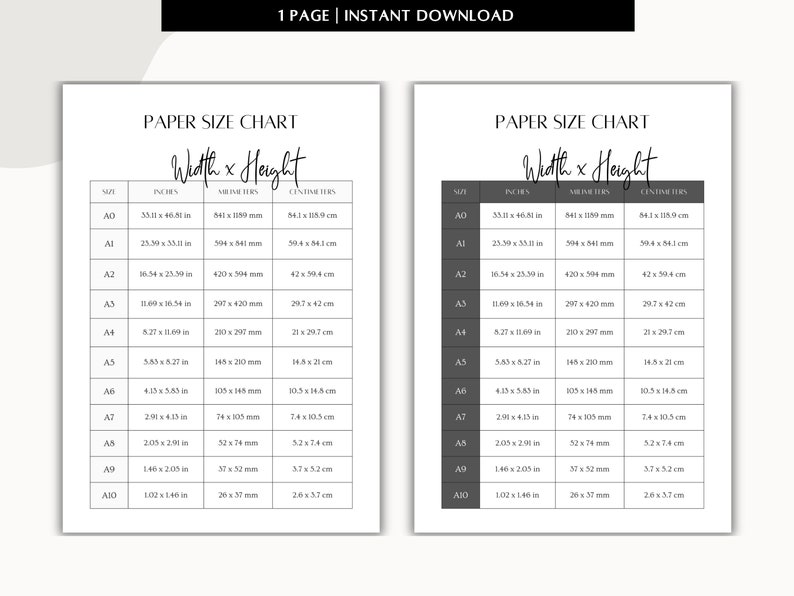 Printable Paper Size Chart 1 Page Template PDF - Etsy