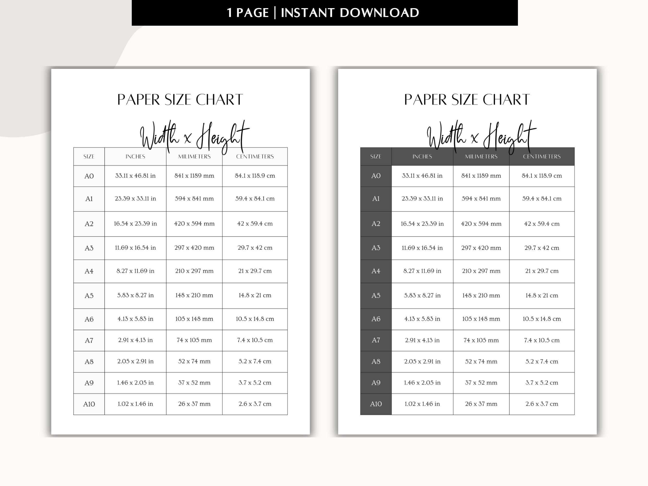 Printable Paper Size Chart 1 Page Template PDF - Etsy