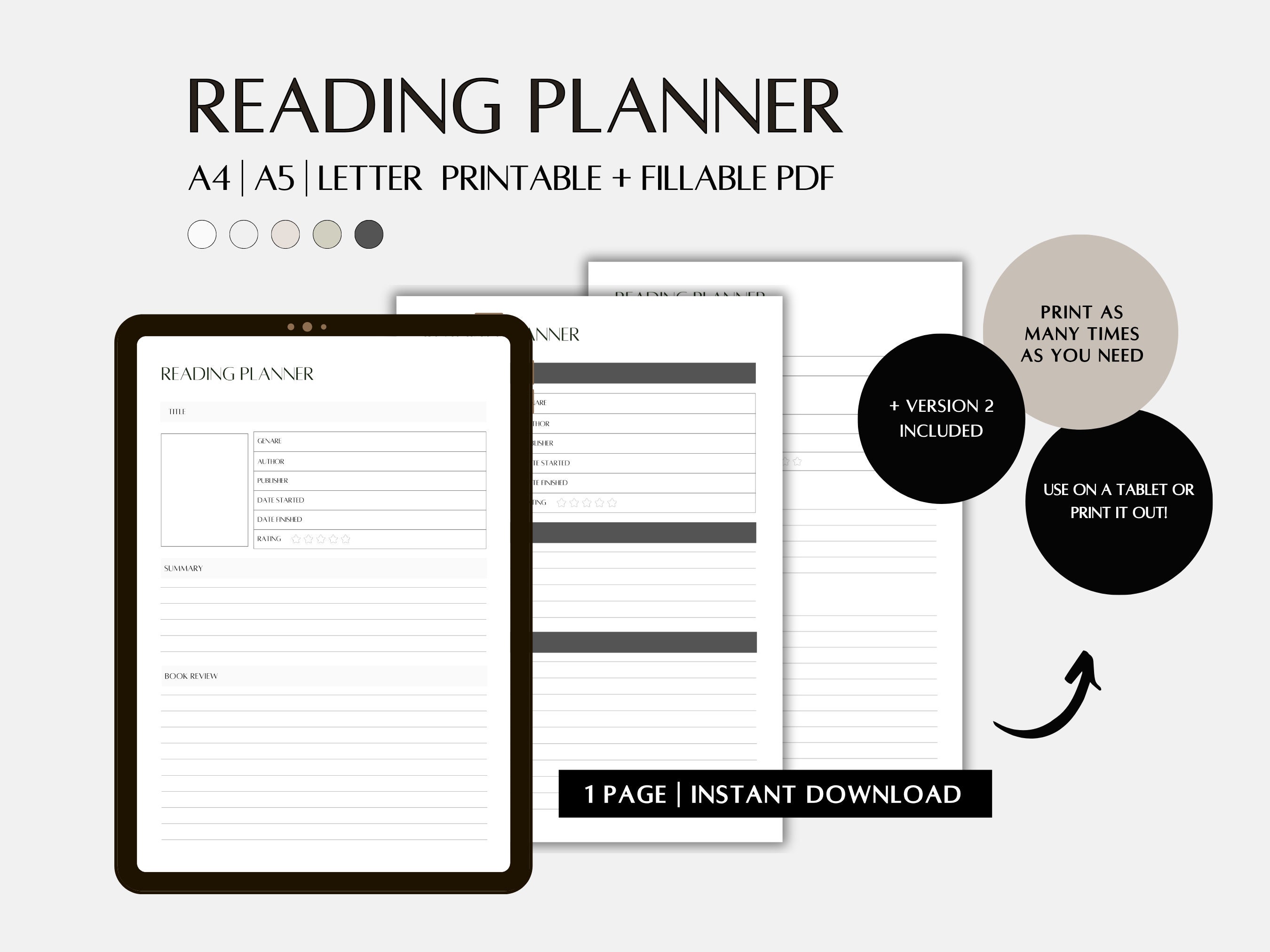 Reading Planner Template, Printable and Fillable Pdfs for IPAD, Instant ...