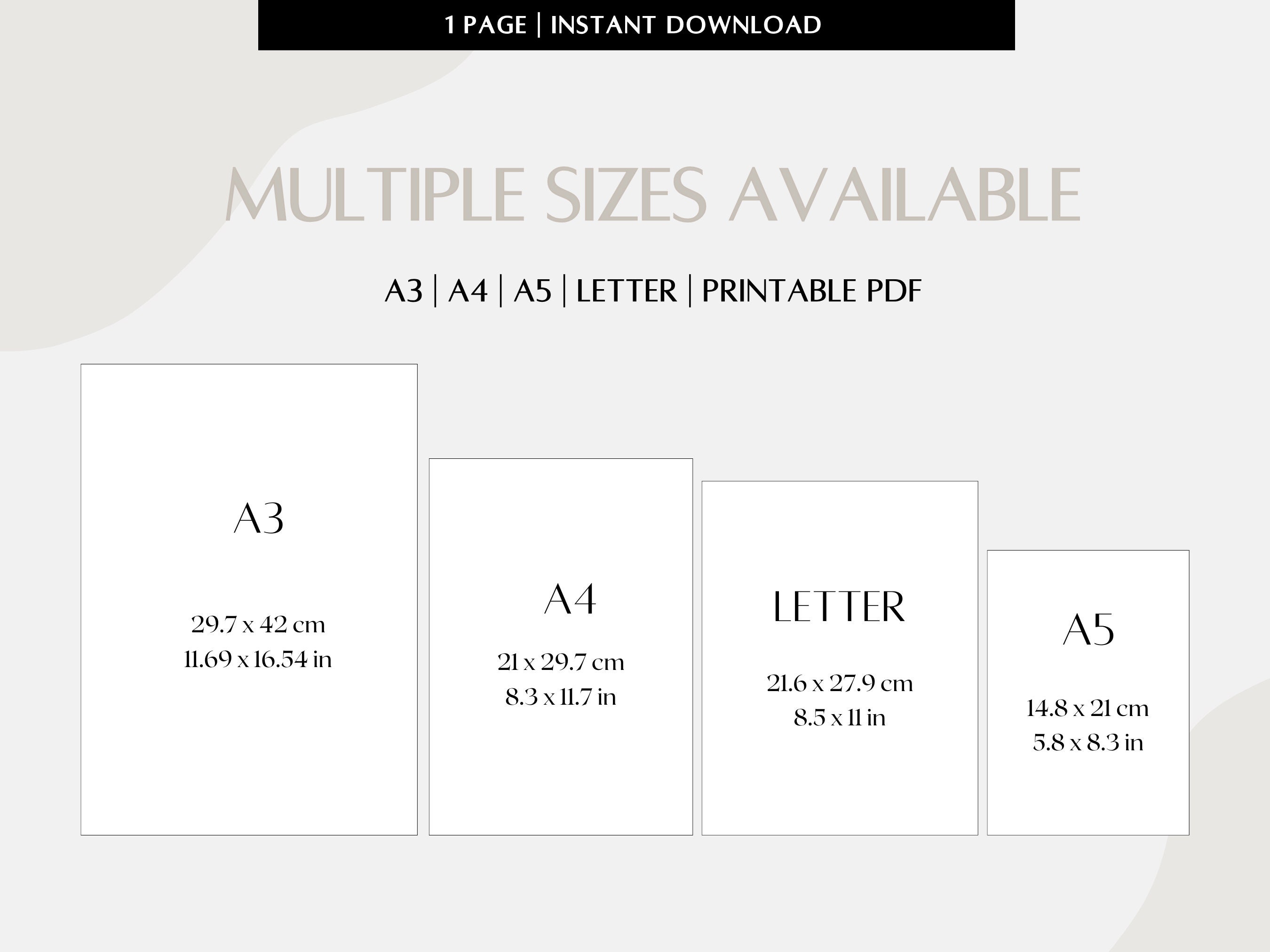 Printable Paper Size Chart 1 Page Template PDF - Etsy