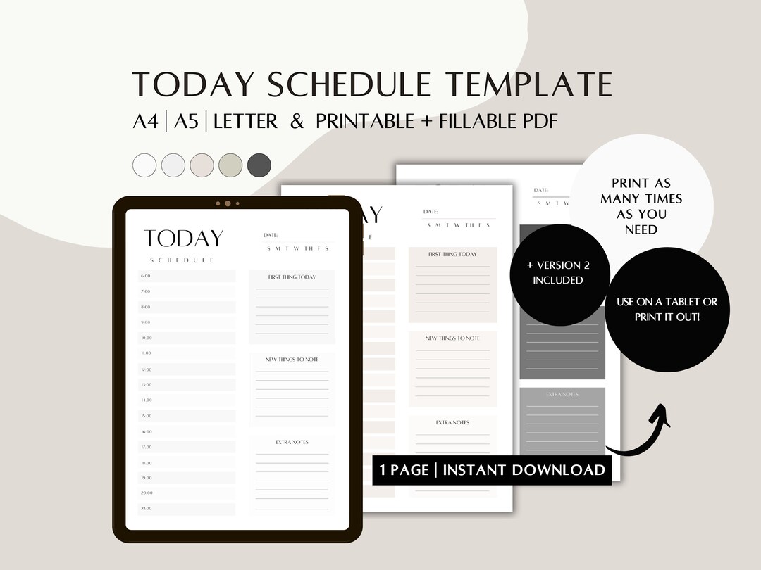 Fillable Today Schedule Template, Printable 1 Page Daily Planner ...
