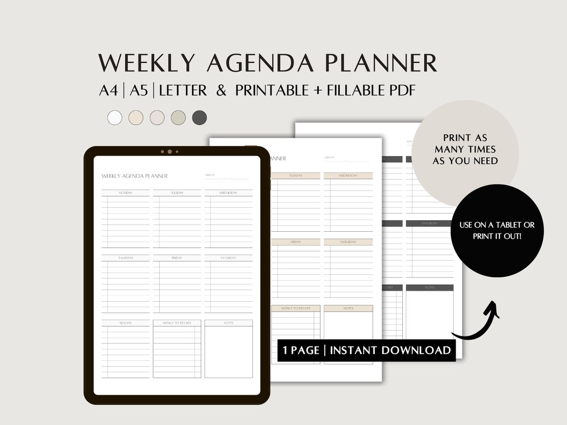Minimal Weekly Agenda Planner, Printable and Fillable To-do List ...