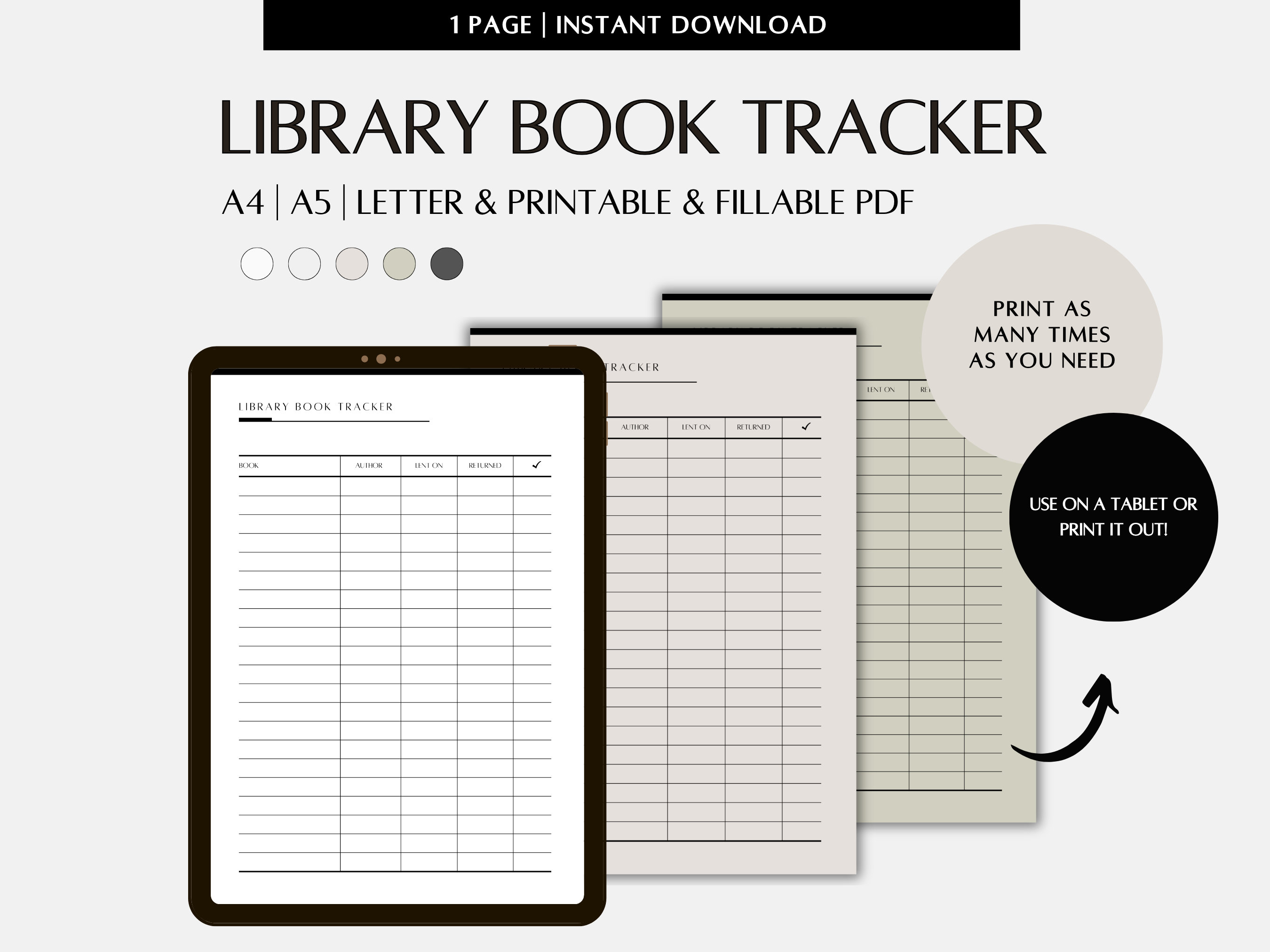 Library Book Tracker PDF, Fillable & Printable 1 Page Template for IPAD ...
