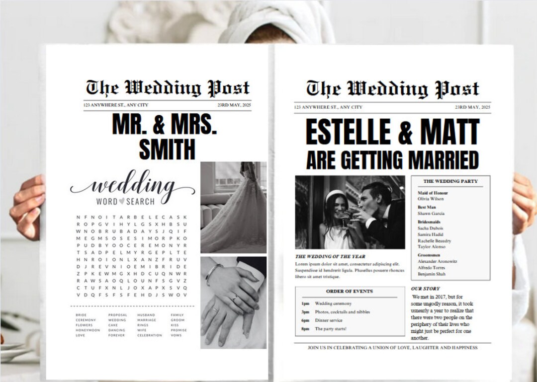 Custom Wedding Newspaper Program Printed Physical Item Newlywed Times ...