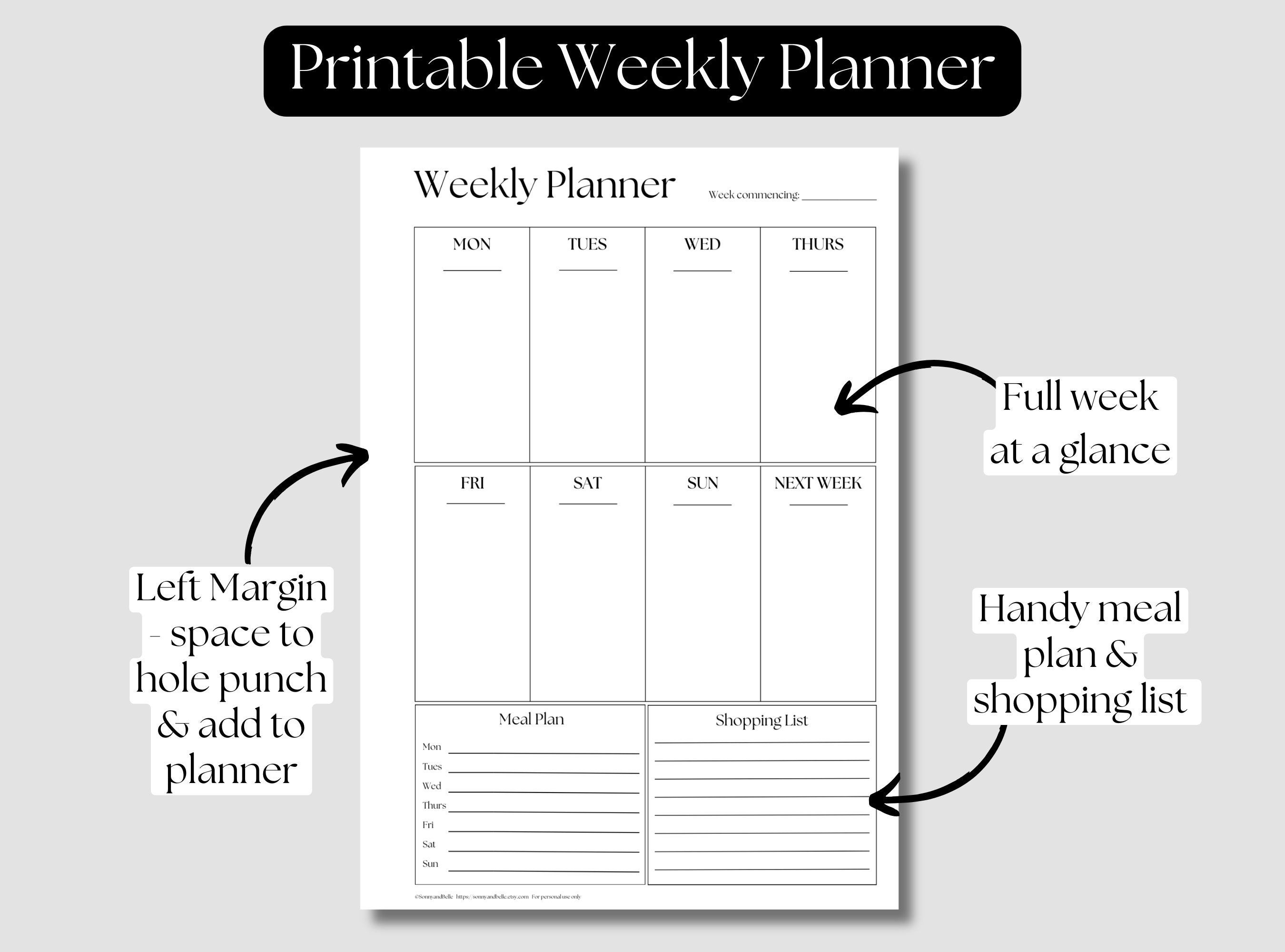 Printable Weekly Planner - Meal Plan - Shopping List - Etsy
