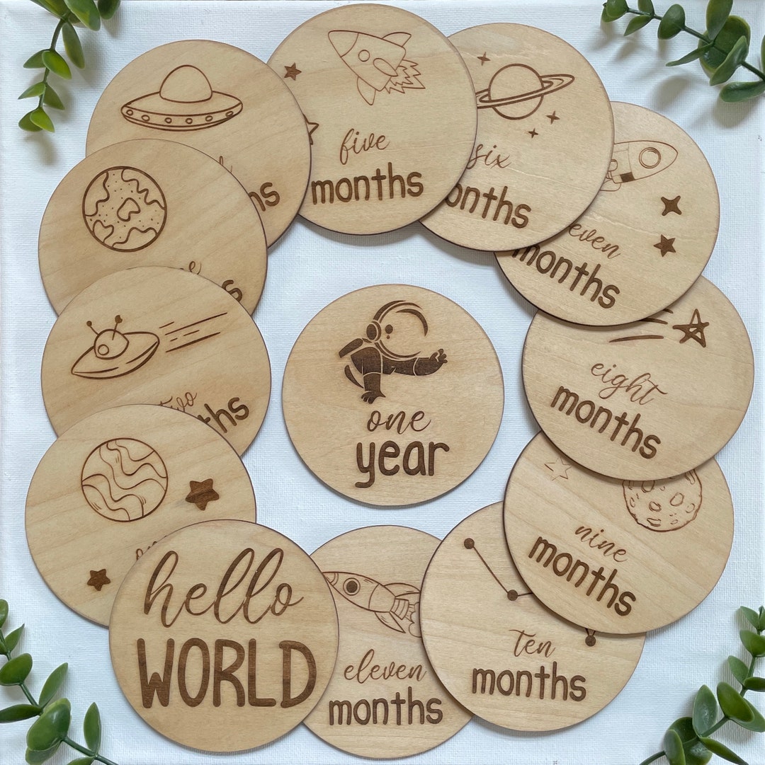 Space Themed Baby Milestone Cards, Wooden Monthly Milestone Cards, Baby ...