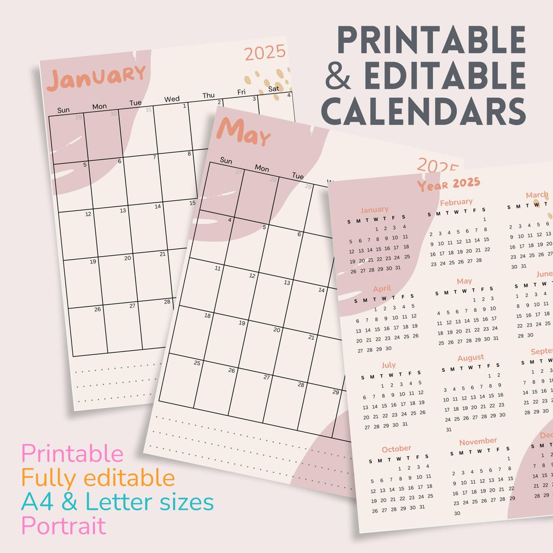Calendar Template | Instant Download | Printable & Editable Portrait ...