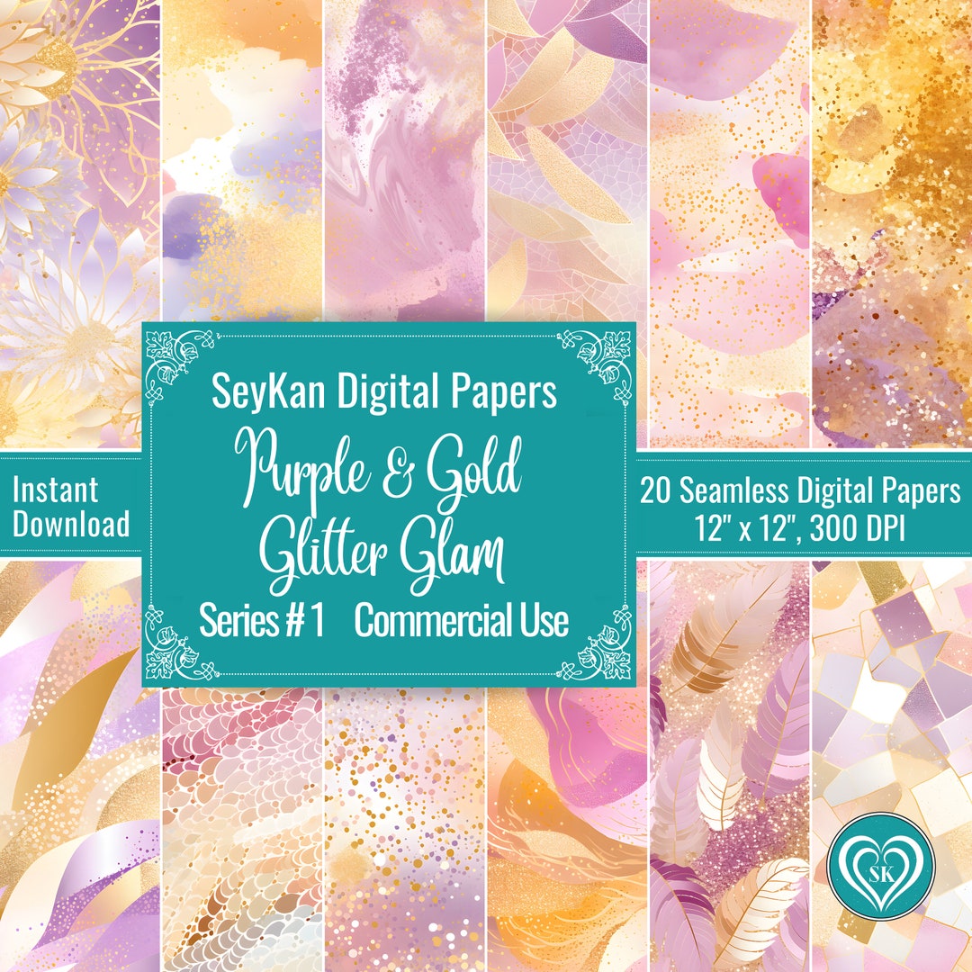 Purple & Gold Glitter Glam DIGITAL PAPER Luxury Sparkle Shiny Foil ...