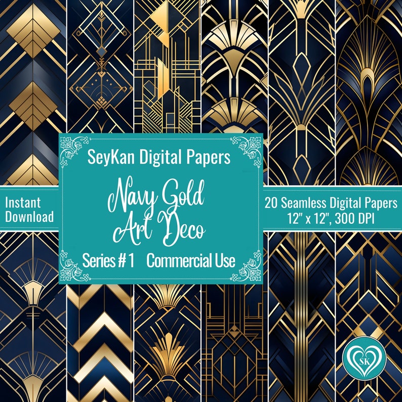 Navy Gold Art Deco DIGITAL PAPER Tiles Wallpaper Backgrounds Foil Paper ...