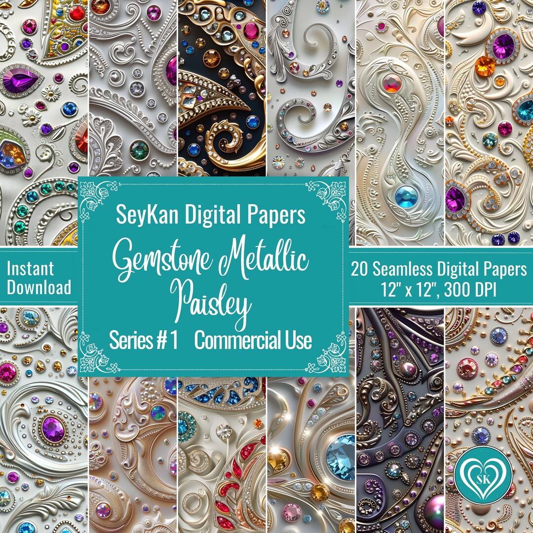 Gemstone Metallic Paisley DIGITAL PAPER Iridescent Rhinestone Jewel ...