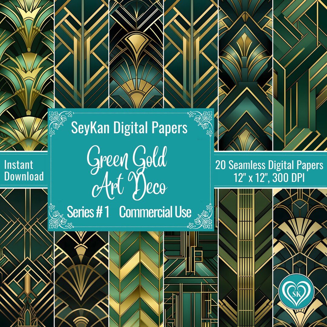 Green Gold Art Deco DIGITAL PAPER Tiles Wallpaper Backgrounds Foil ...