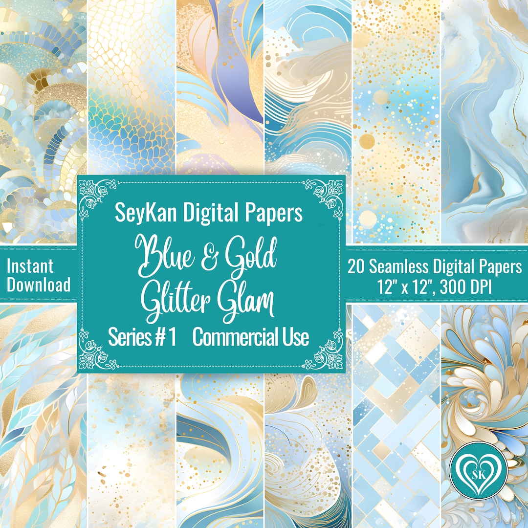 Blue & Gold Glitter Glam DIGITAL PAPER Luxury Sparkle Shiny Foil ...