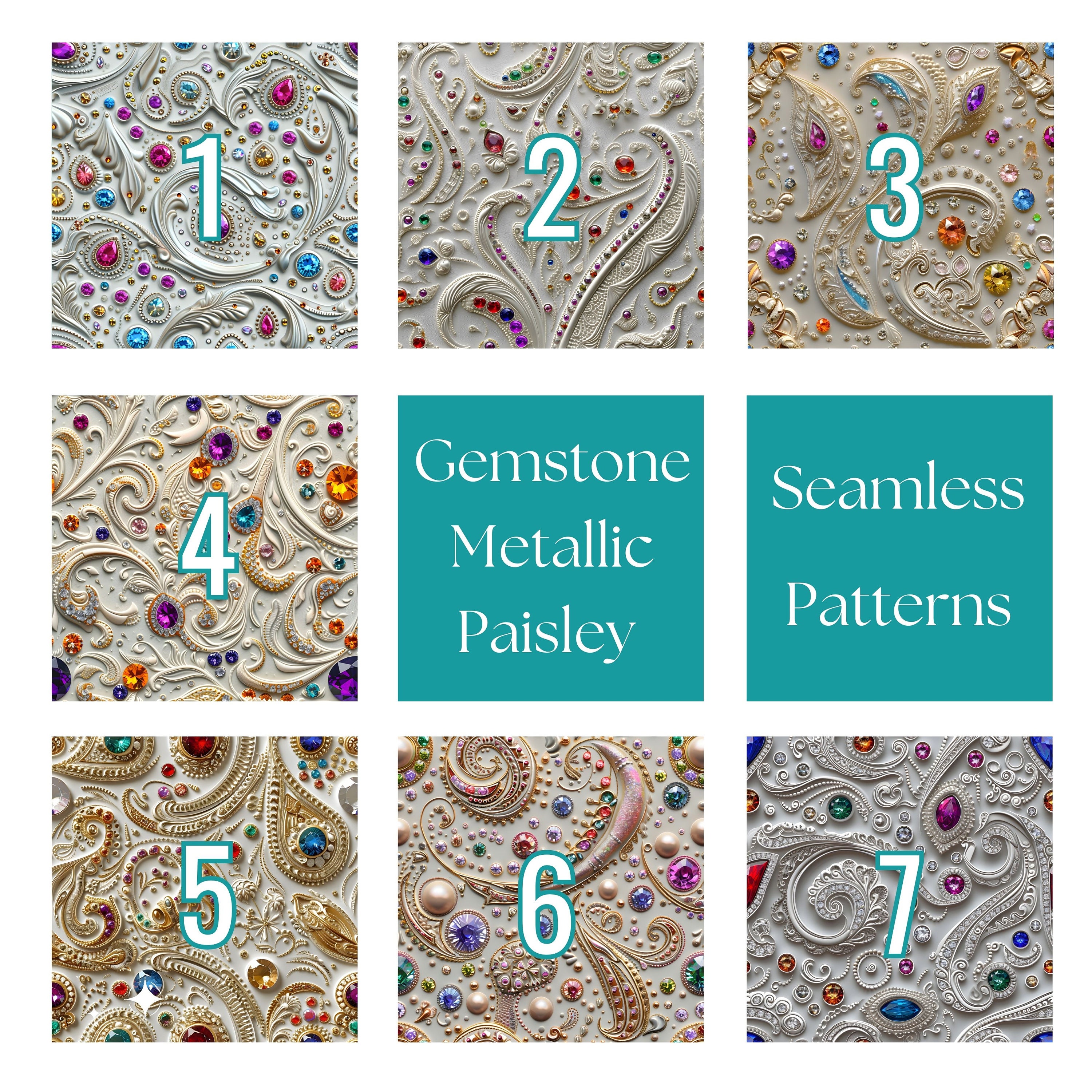 Gemstone Metallic Paisley DIGITAL PAPER Iridescent Rhinestone Jewel ...