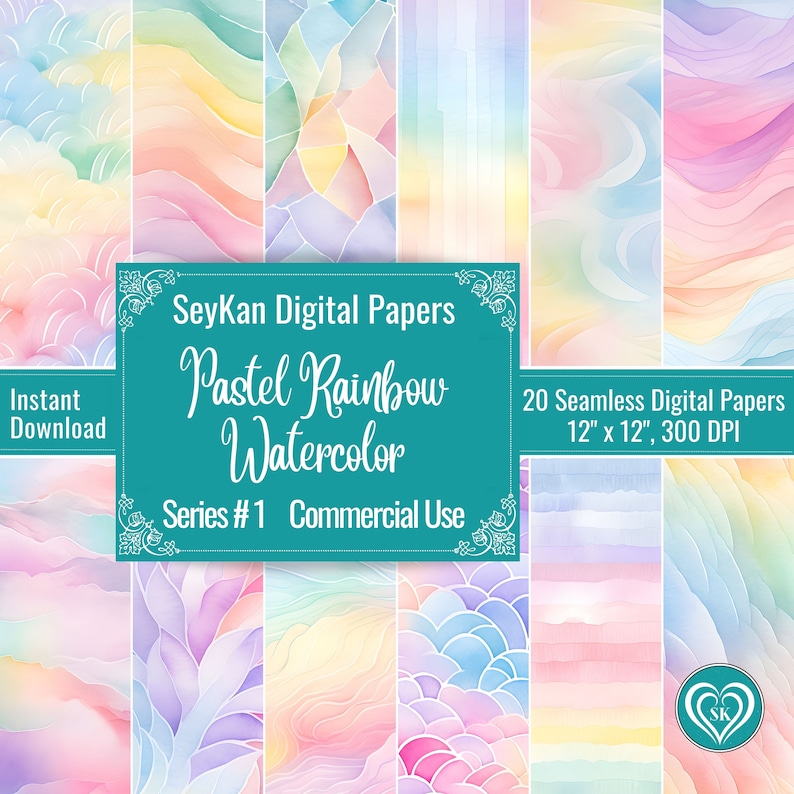 Pastel Rainbow Watercolor DIGITAL PAPER Ombre Marbling Clouds Texture ...