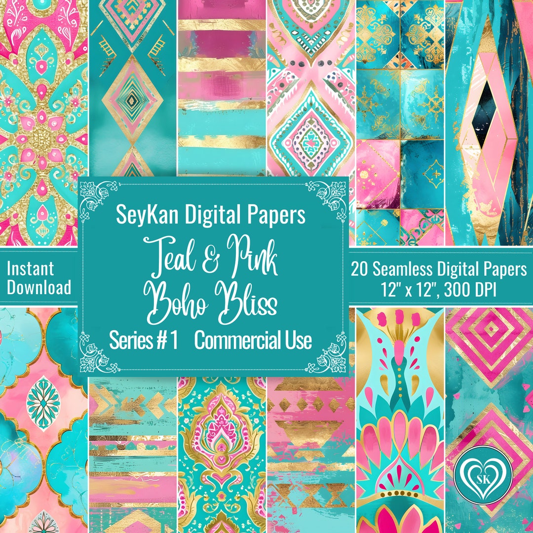 Teal & Pink Boho Bliss DIGITAL PAPER 70s 60s Retro Vibe Pretty ...