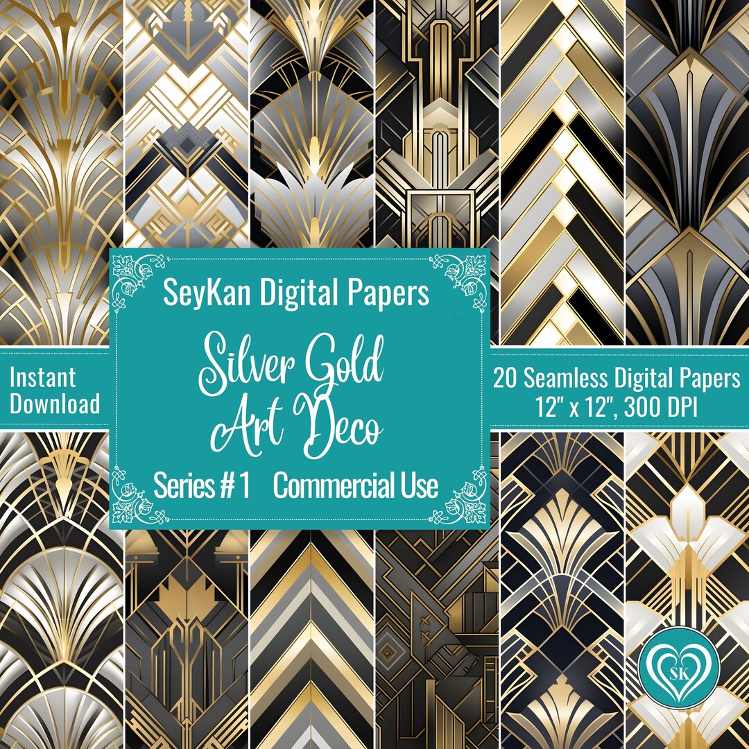 Silver Gold Art Deco DIGITAL PAPER Tiles Wallpaper Backgrounds Foil ...