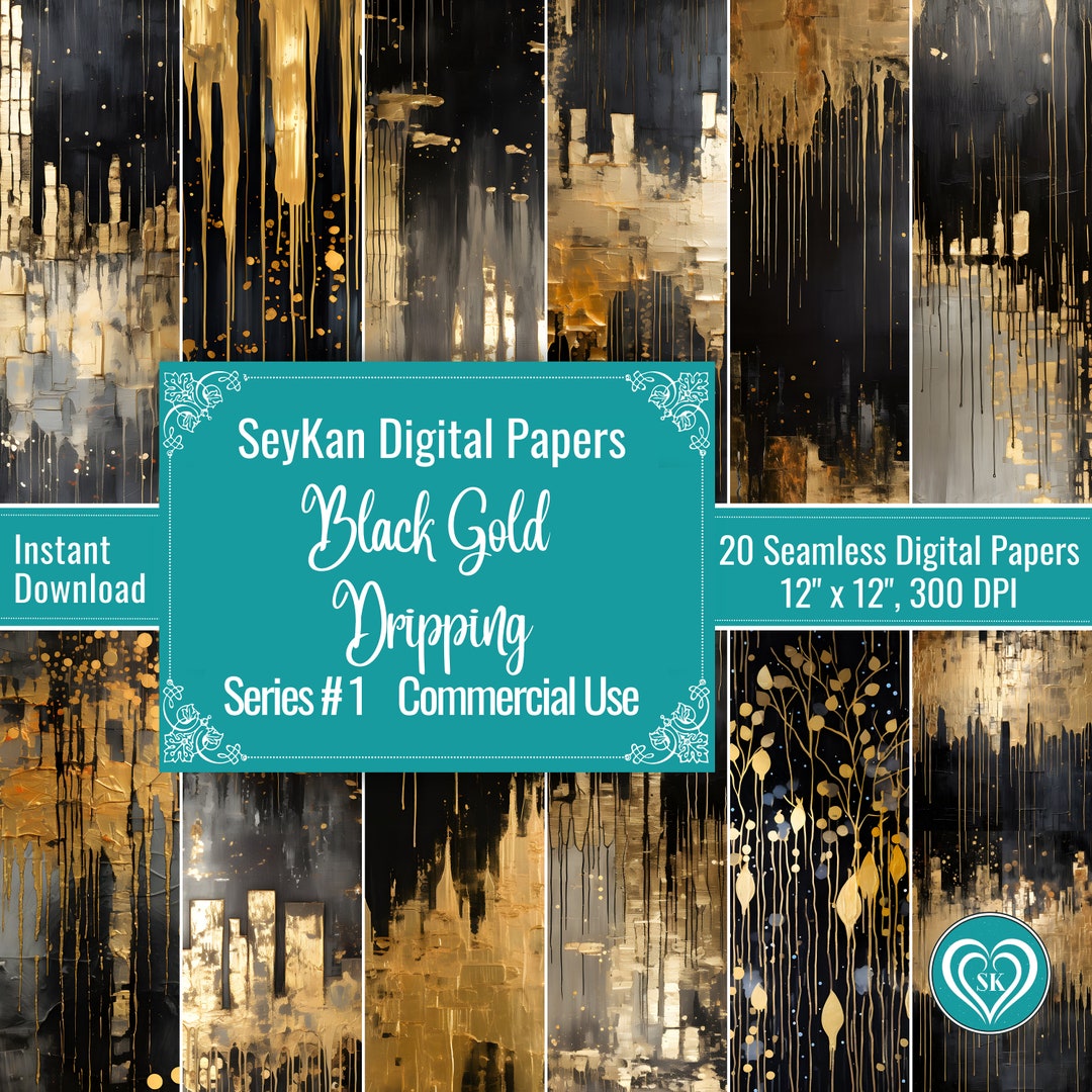 Black Gold Dripping DIGITAL PAPER Glitter Drips Liquid Paint Art ...