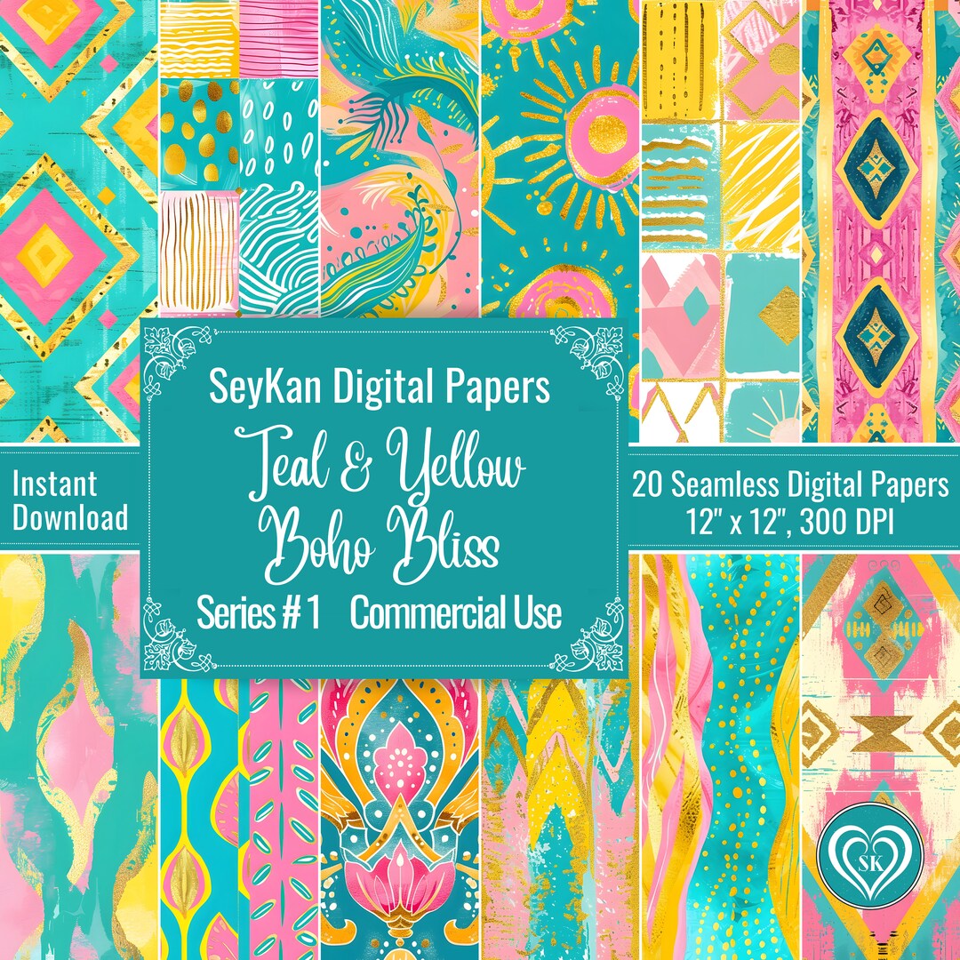 Teal & Yellow Boho Bliss DIGITAL PAPER 70s 60s Retro Vibe Pretty ...