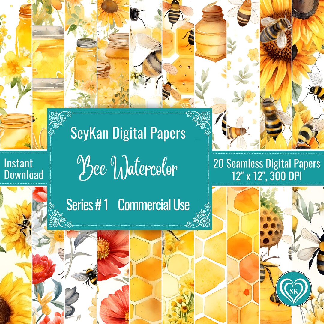 Bee Watercolor DIGITAL PAPER Honey Bee Spring Garden | Honeybee Honey ...