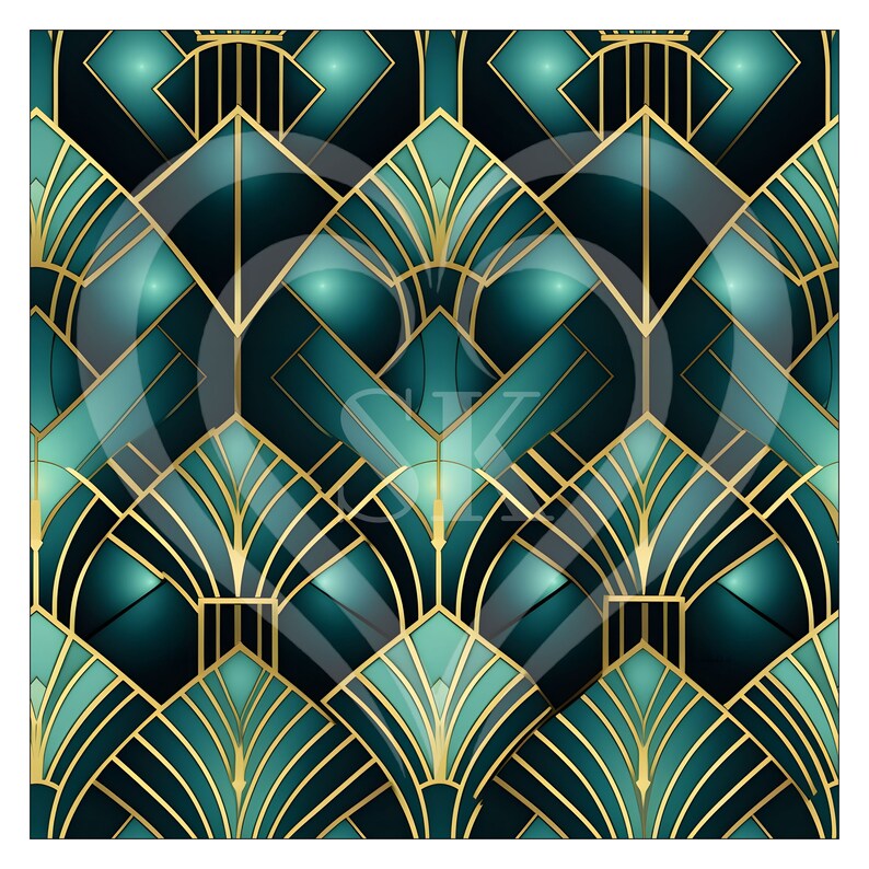 Teal Gold Art Deco DIGITAL PAPER Turquoise Tiles Wallpaper Backgrounds ...