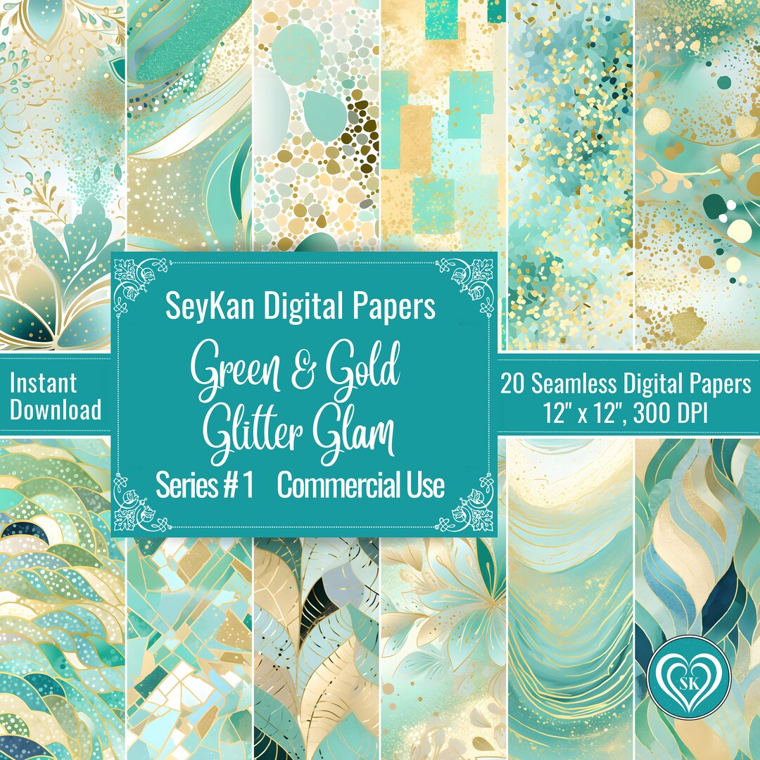 Green & Gold Glitter Glam DIGITAL PAPER Luxury Sparkle Shiny Foil ...