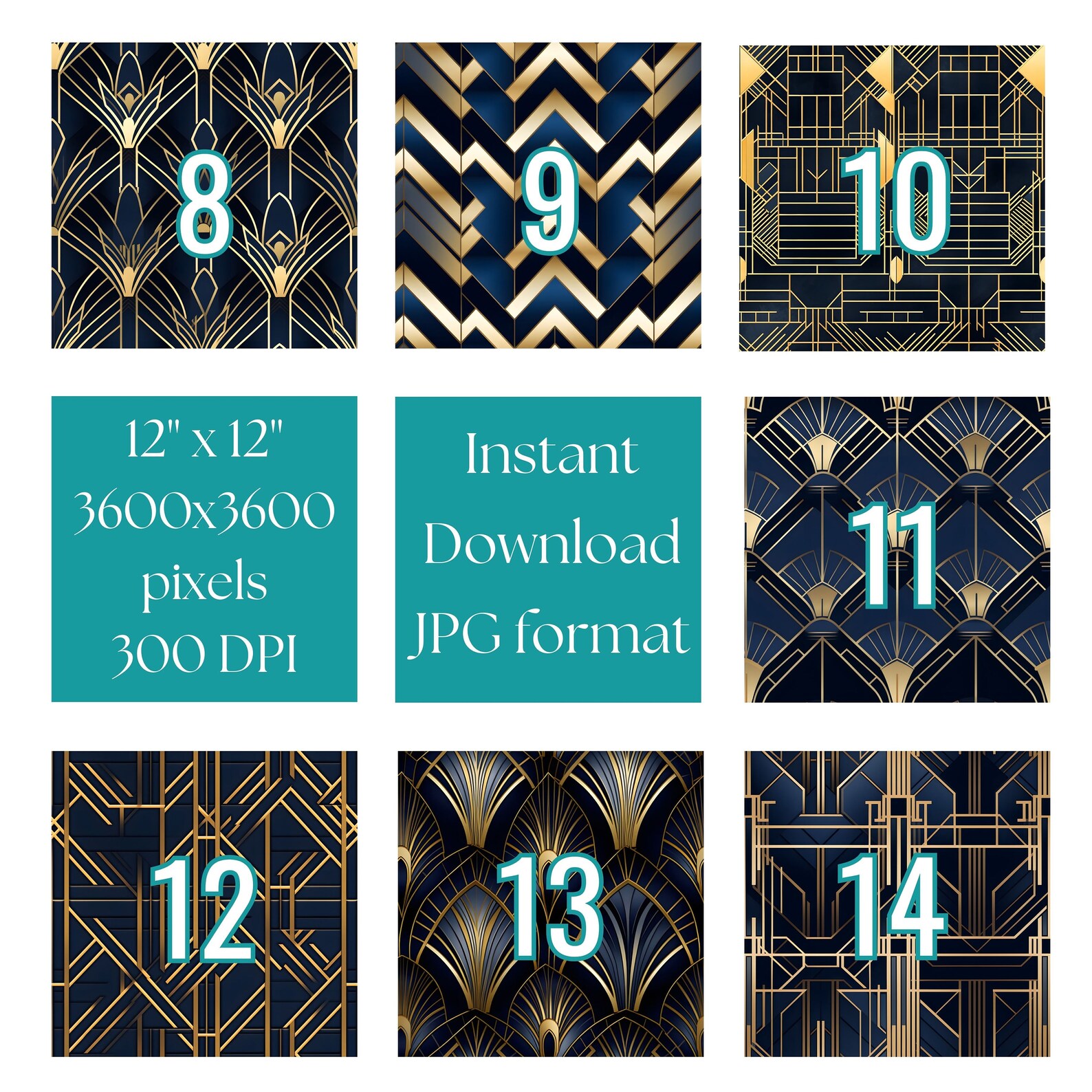 Navy Gold Art Deco DIGITAL PAPER Tiles Wallpaper Backgrounds Foil Paper ...