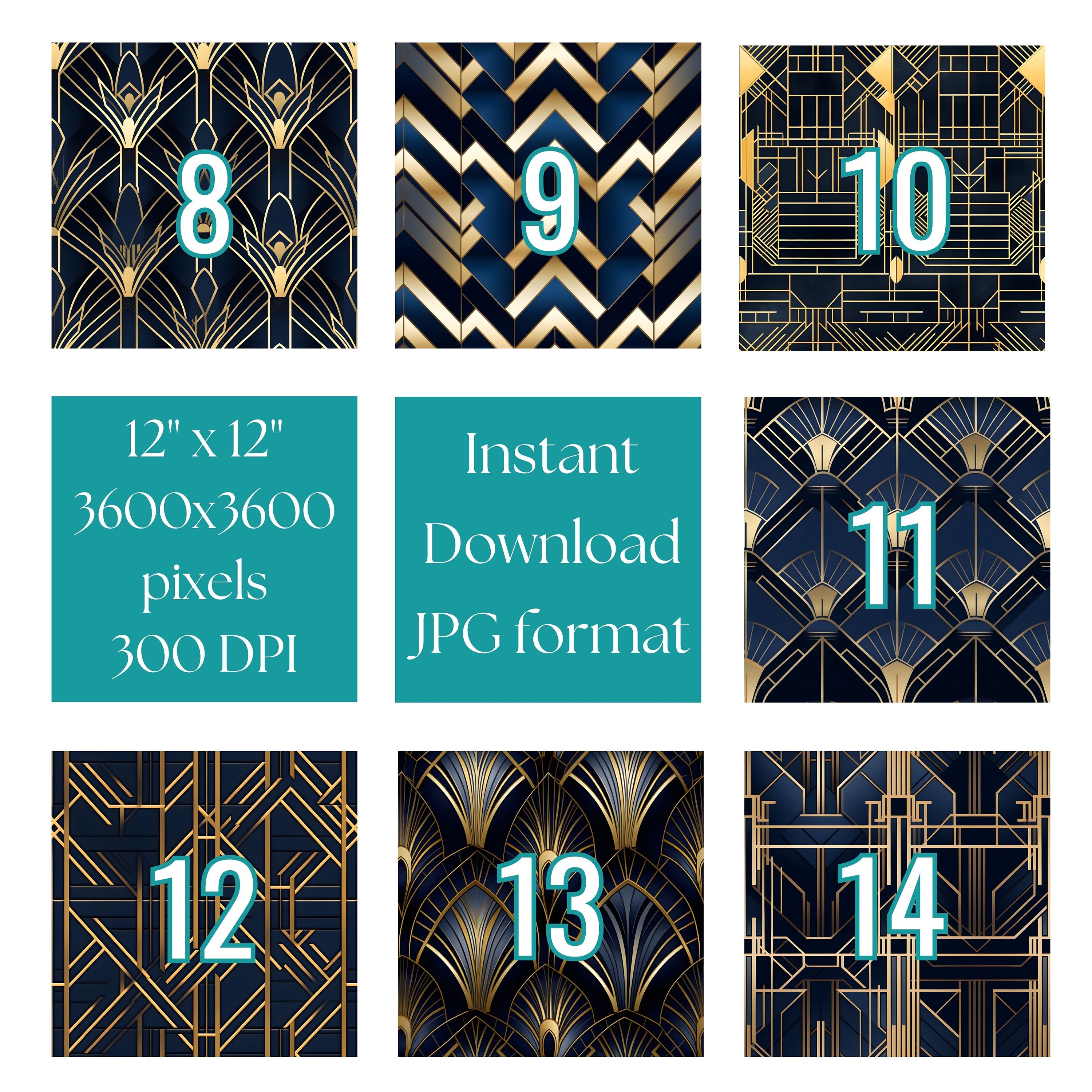Navy Gold Art Deco DIGITAL PAPER Tiles Wallpaper Backgrounds Foil Paper ...