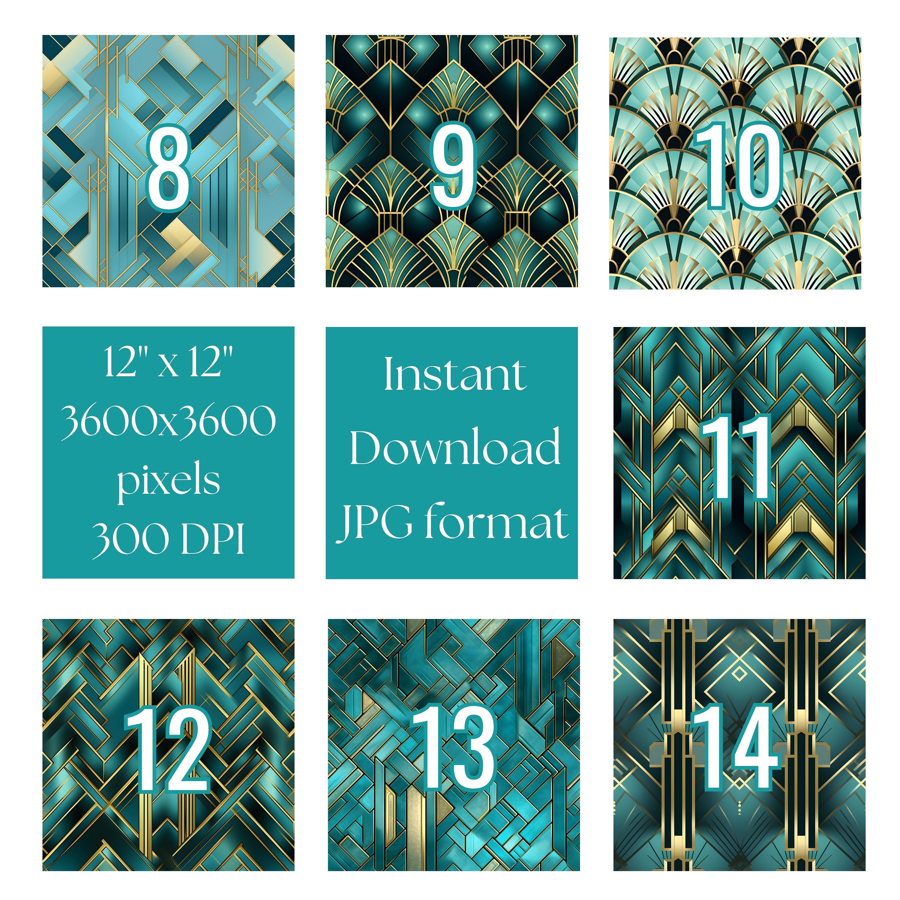 Teal Gold Art Deco DIGITAL PAPER Turquoise Tiles Wallpaper Backgrounds ...