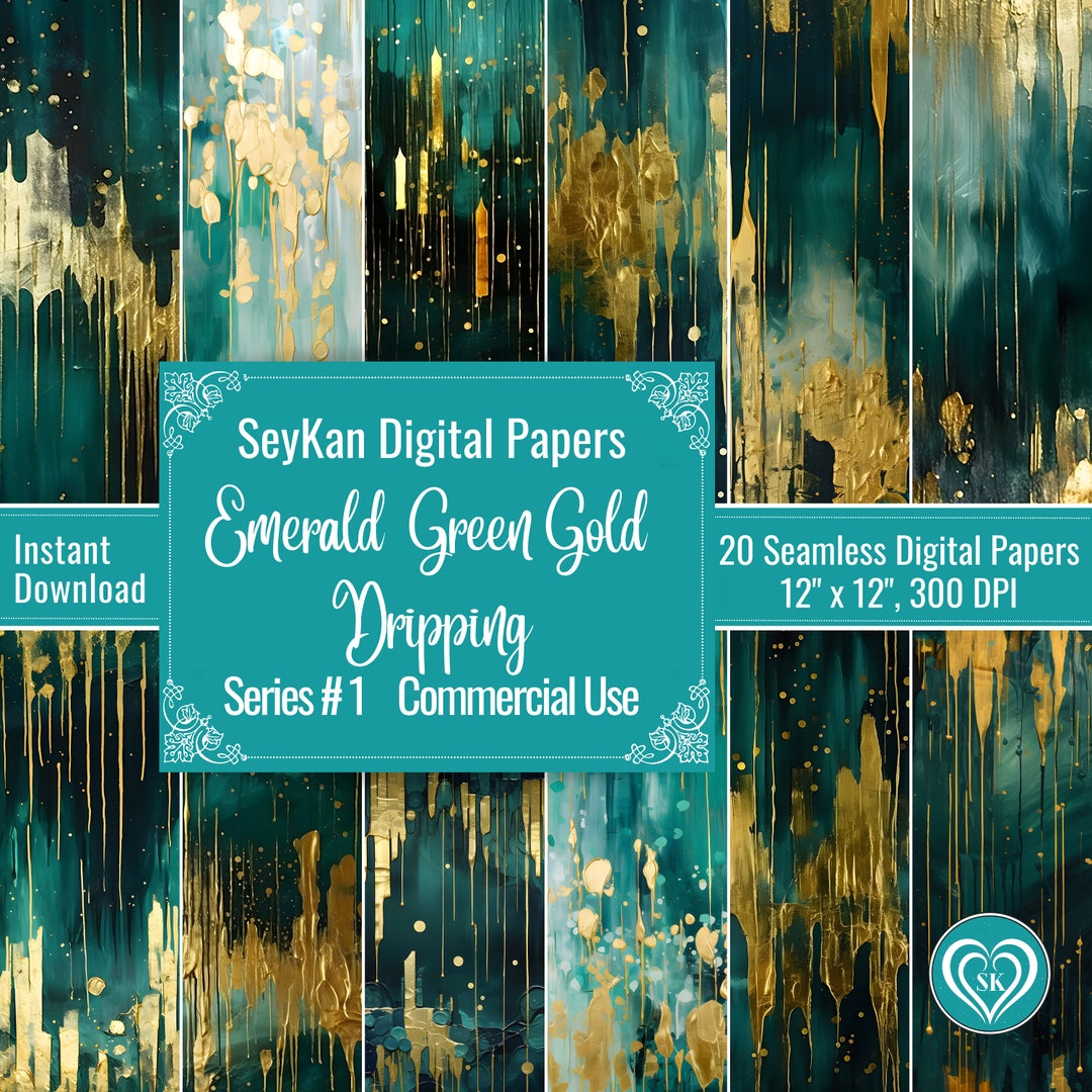 Emerald Green Gold Dripping DIGITAL PAPER Glitter Drips Liquid Paint ...