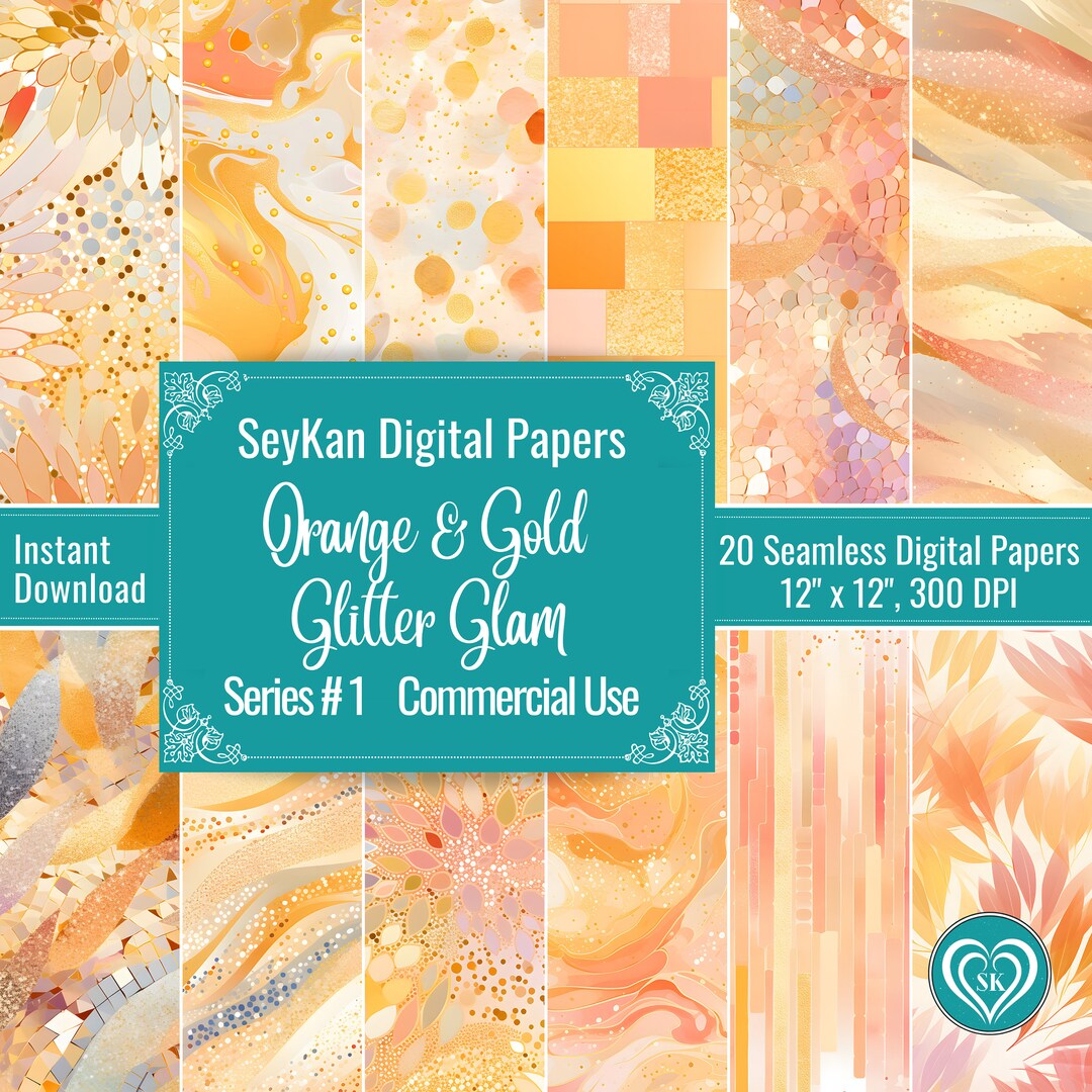 Orange & Gold Glitter Glam DIGITAL PAPER Luxury Sparkle Shiny Foil ...