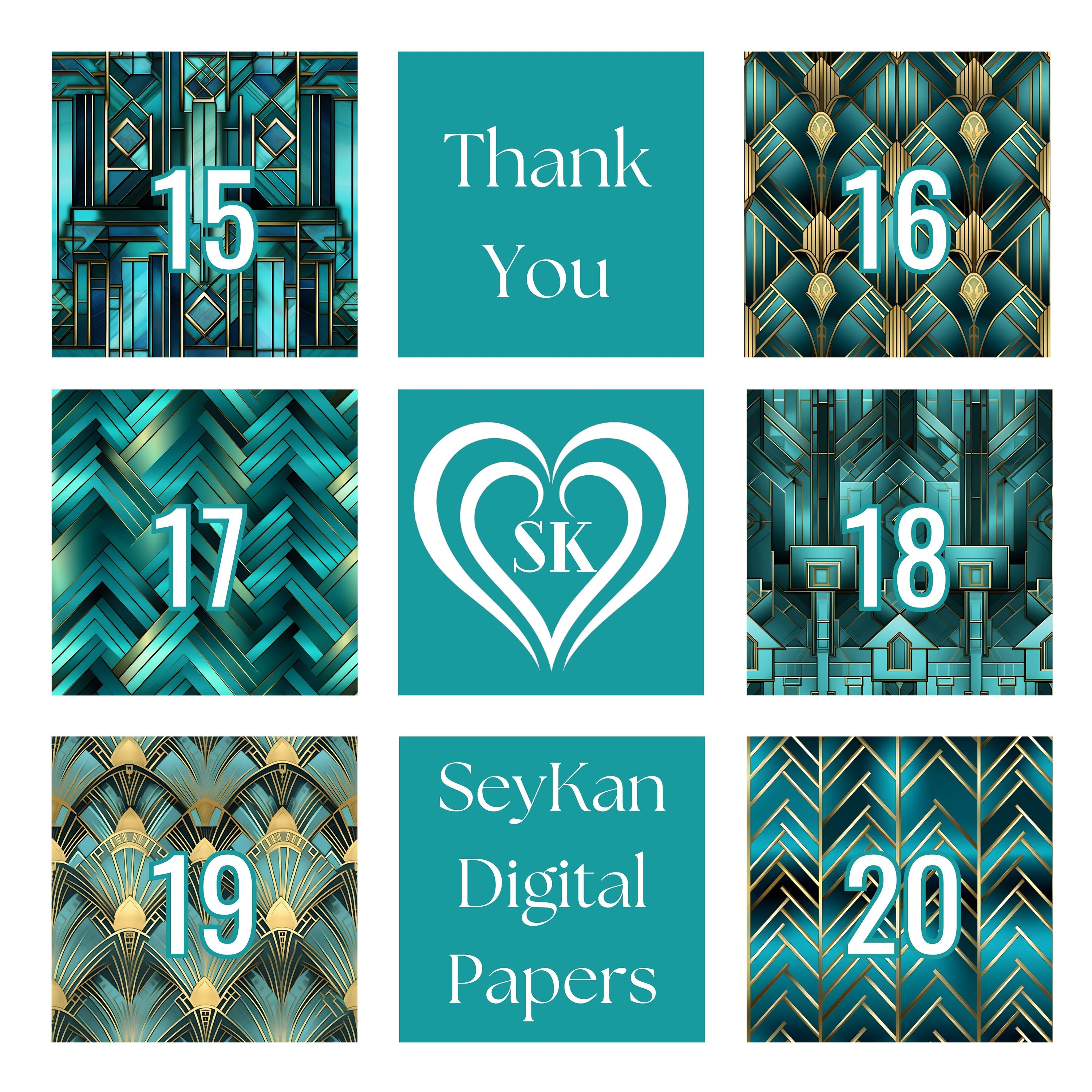 Teal Gold Art Deco DIGITAL PAPER Turquoise Tiles Wallpaper Backgrounds ...