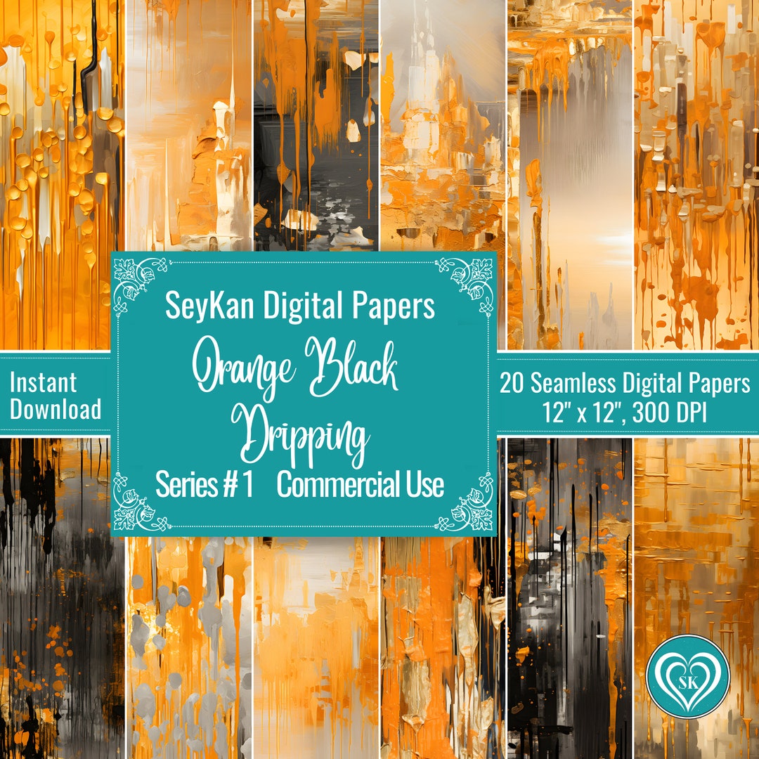 Orange Black Dripping DIGITAL PAPER Glitter Drips Liquid Paint Art ...