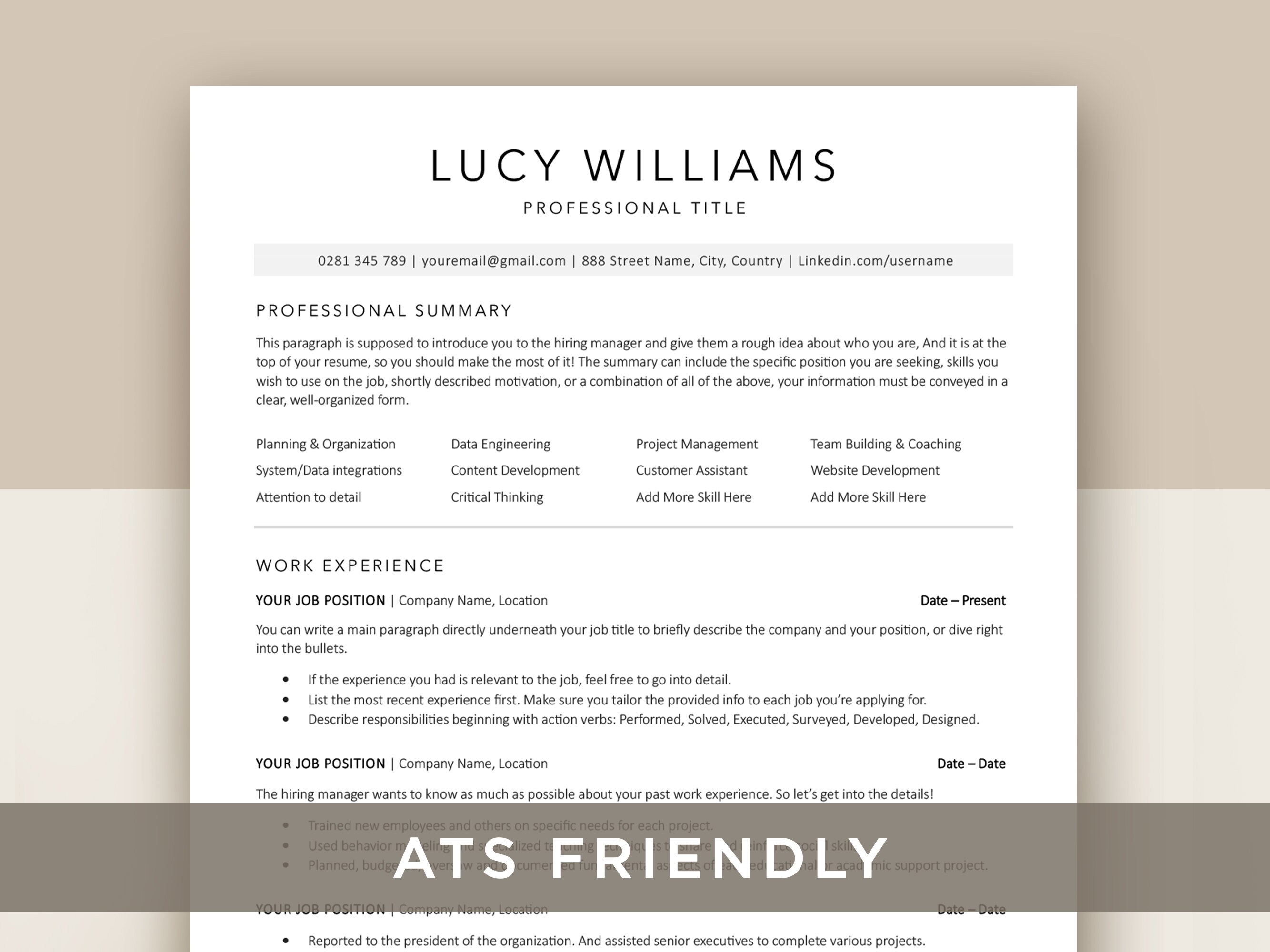 ATS Friendly Resume Template for Microsoft Word, ATS Resume Template ...