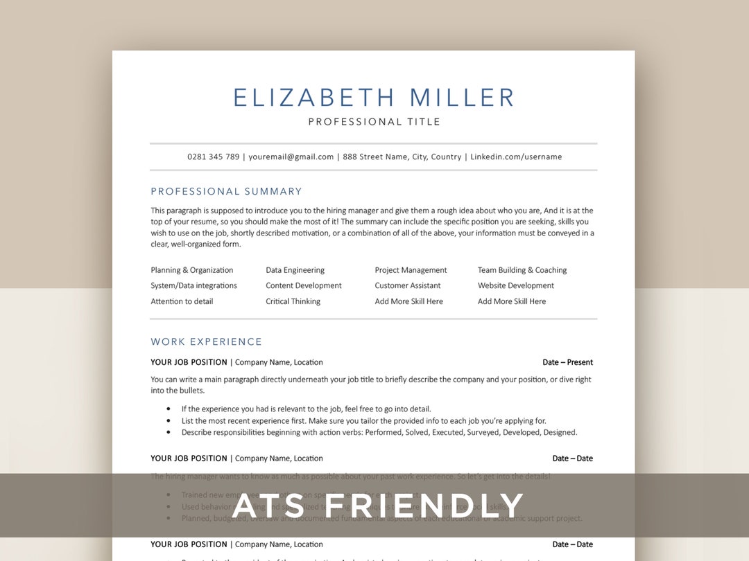 ATS Friendly Resume Template for Microsoft Word ATS Resume - Etsy
