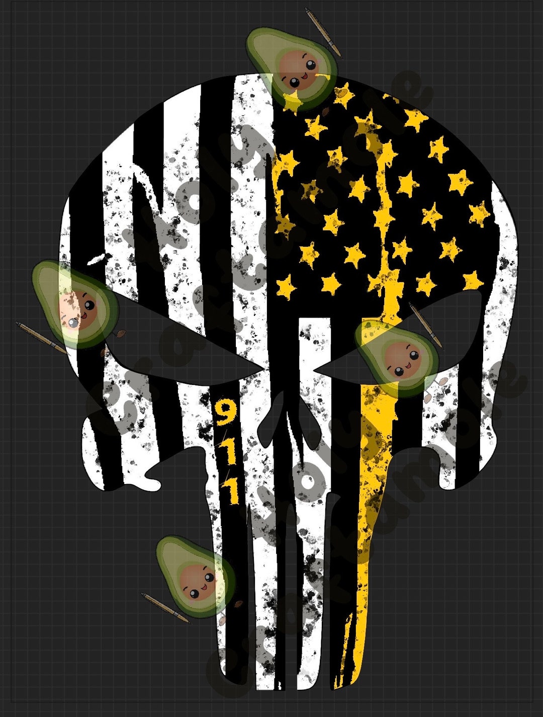 Dispatcher 911 Skull Punisher Thin Yellow Gold Line Flag DTF Heat ...