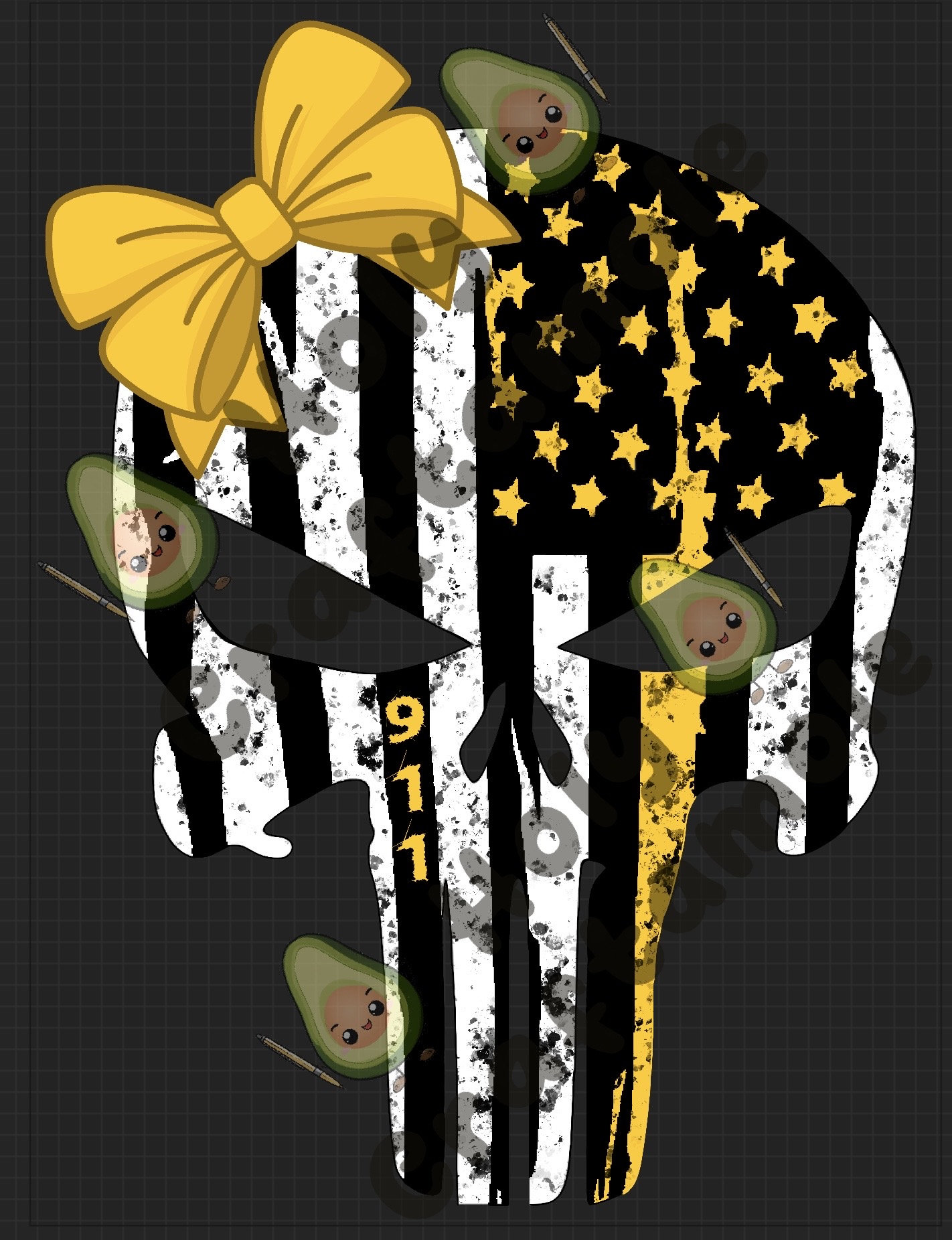 Dispatcher 911 Skull Punisher With Bow Thin Yellow Gold Line Flag DTF ...