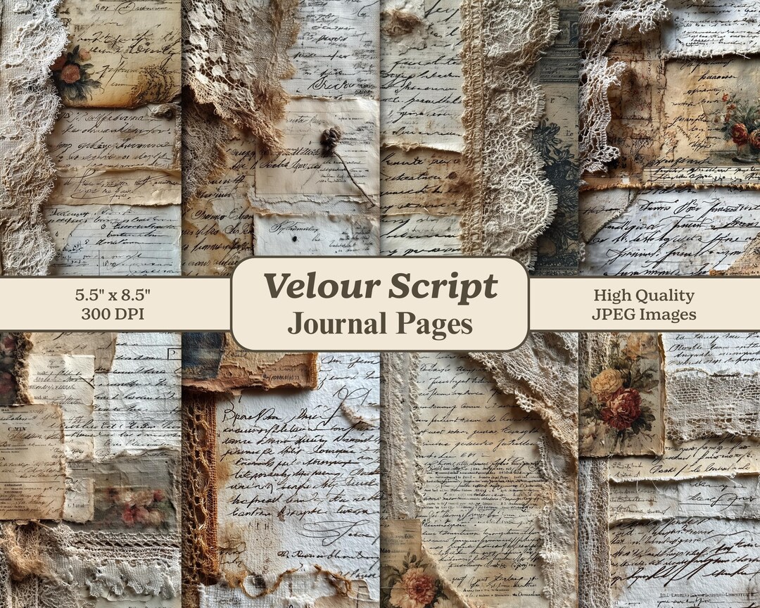 Vintage Lace Script Handwriting Junk Journal Pages, Shabby Chic ...