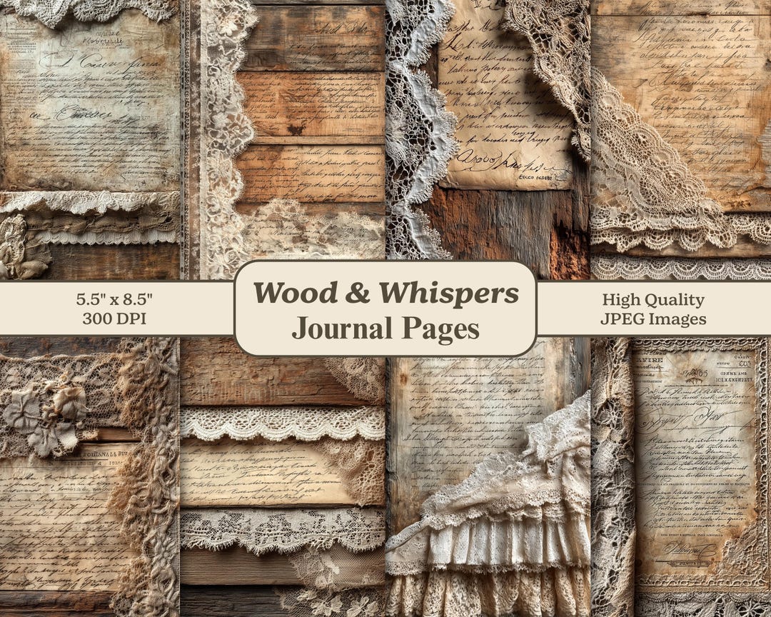 Vintage Wood Lace Junk Journal Pages, Rustic Aged Distressed Grungy ...