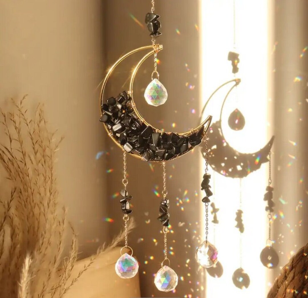 Protective Dream Catcher Moon With Obsidian, Black Healing Stones ...