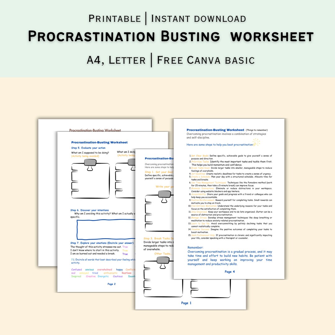 Procrastination-busting Worksheet Package | Printable Worksheets | ADHD ...