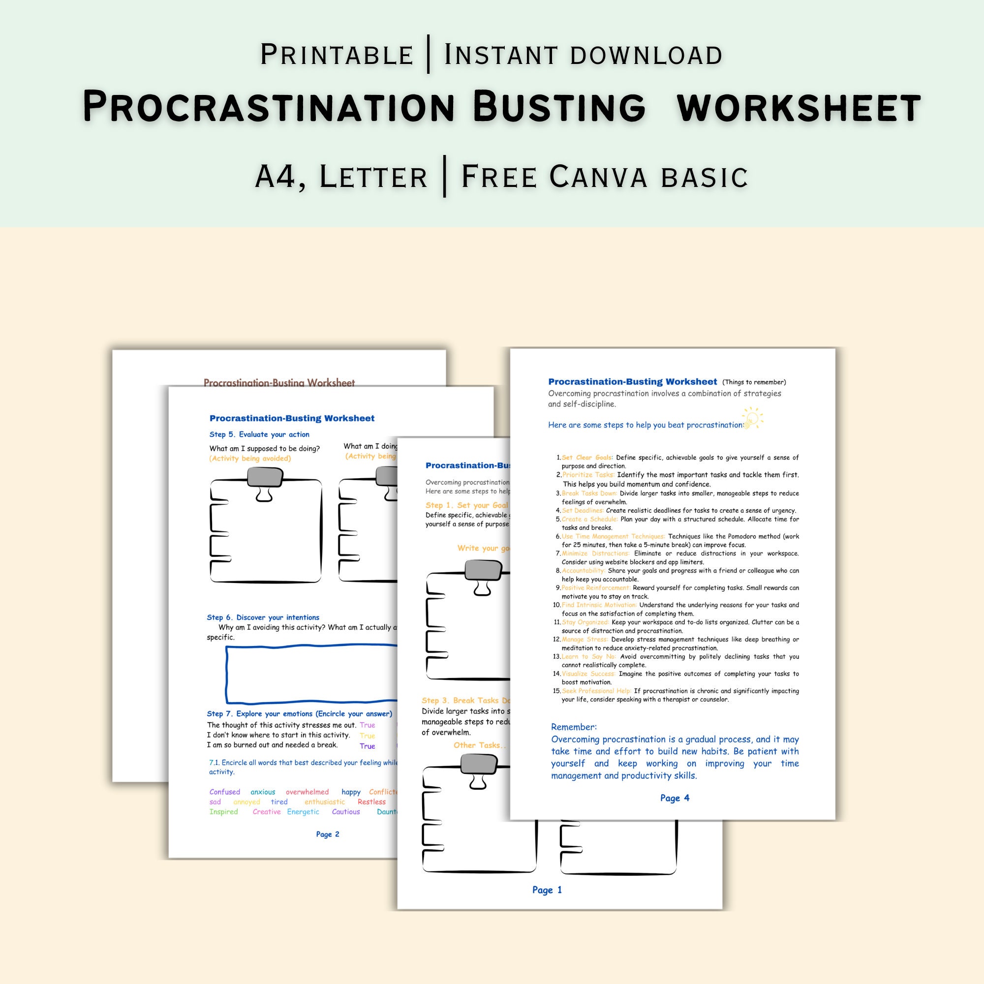 Procrastination-busting Worksheet Package | Printable Worksheets | ADHD ...